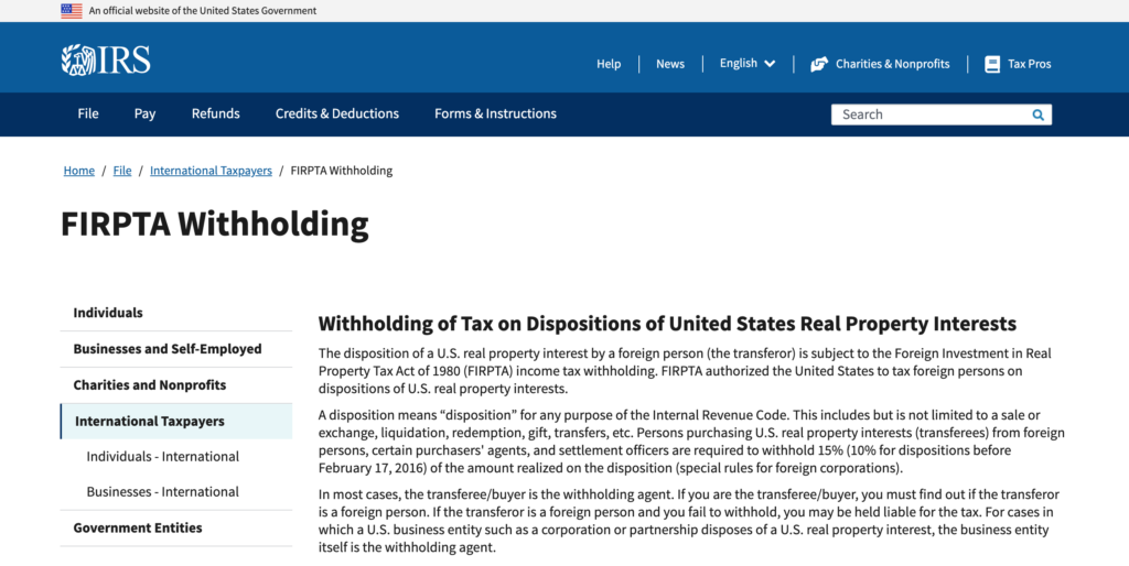 保有名義による留意点（FIRPTA) | 米国投資協会